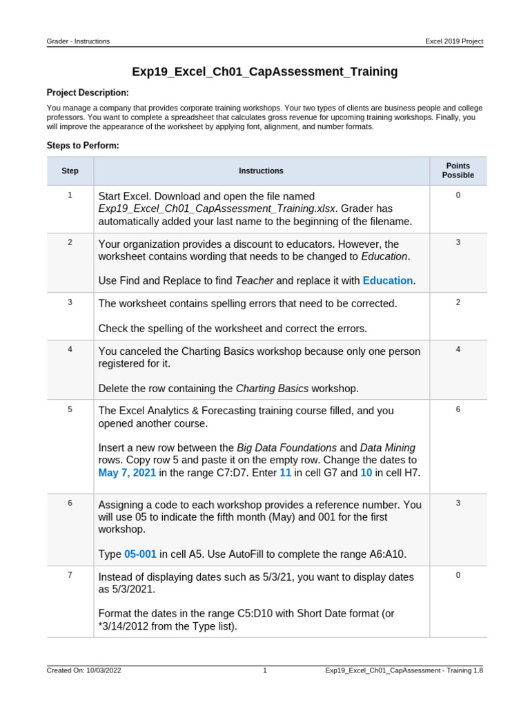 Exp19 Excel Ch01 CapAssessment Training Instructions | PDF | Microsoft Excel | Worksheet