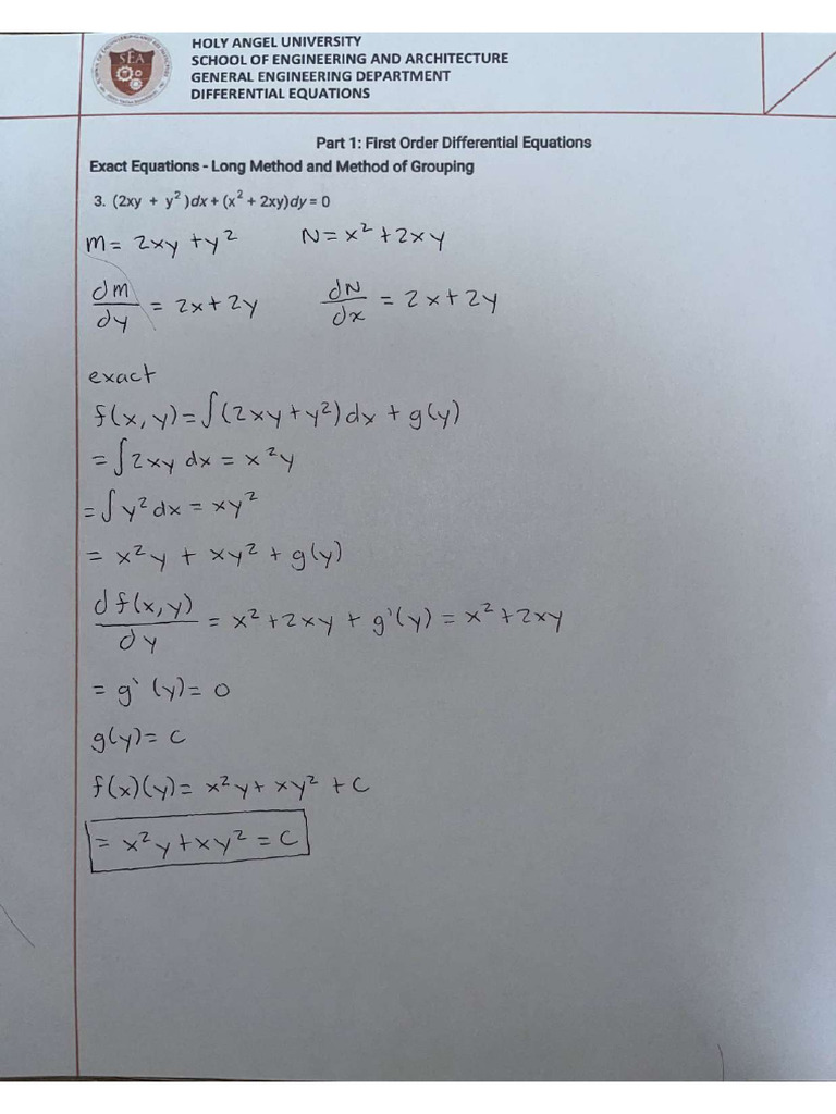 Differential equations exact equation practice problem #3 | PDF