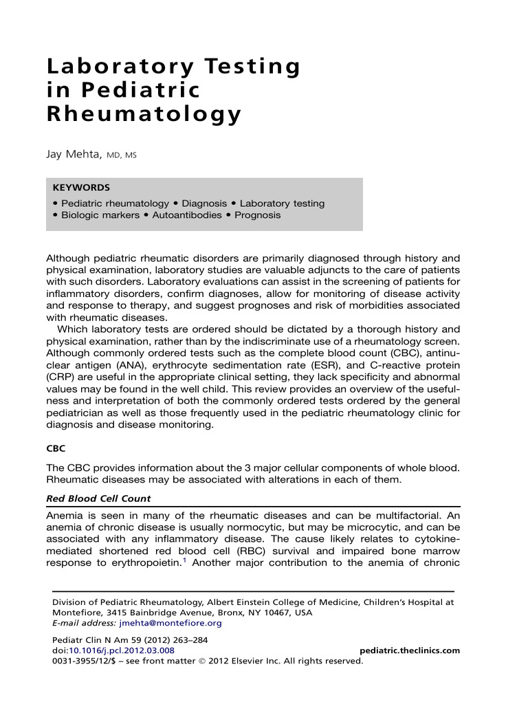 Laboratory Testing in Pediatric Rheumatology | PDF | Anemia ...