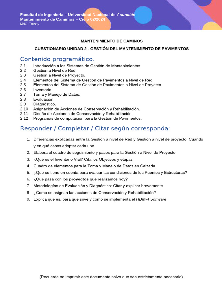 Cuestionario Unid II 2024 - Mant Caminos | PDF