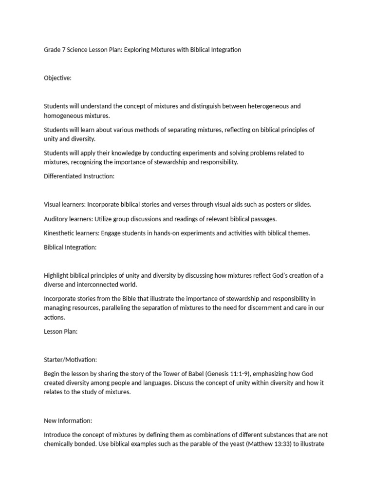 Grade 7 Science Lesson Plan | PDF | Mixture | Bible