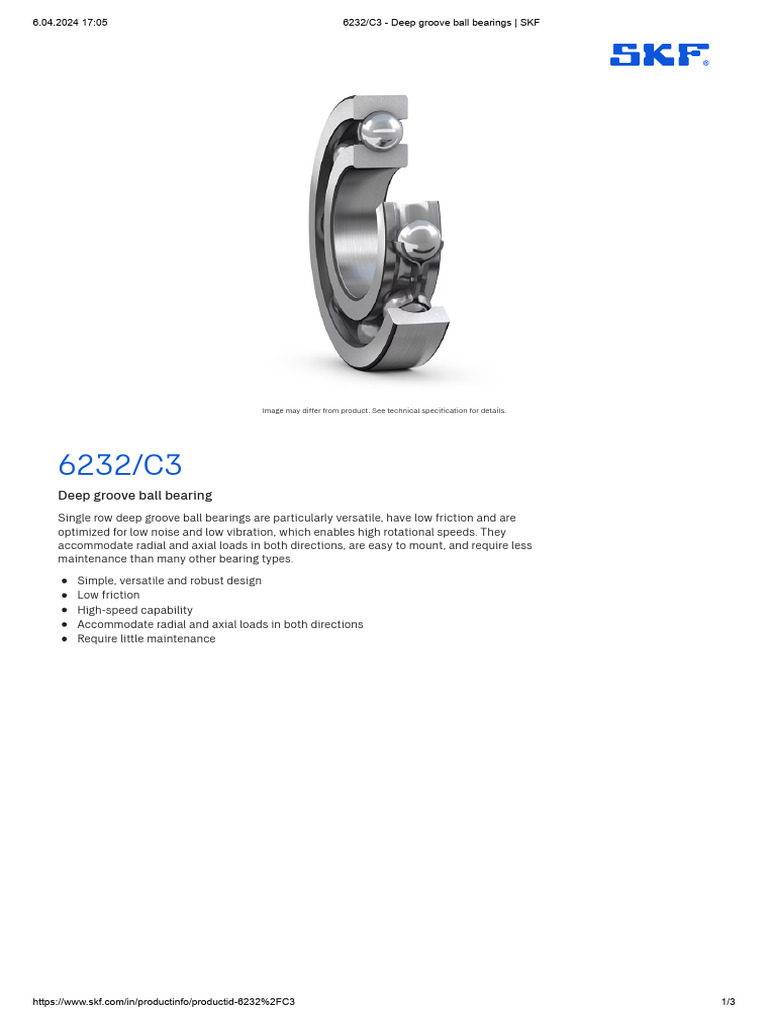 6232 - C3 - Deep Groove Ball Bearings - SKF | PDF | Bearing (Mechanical) | License