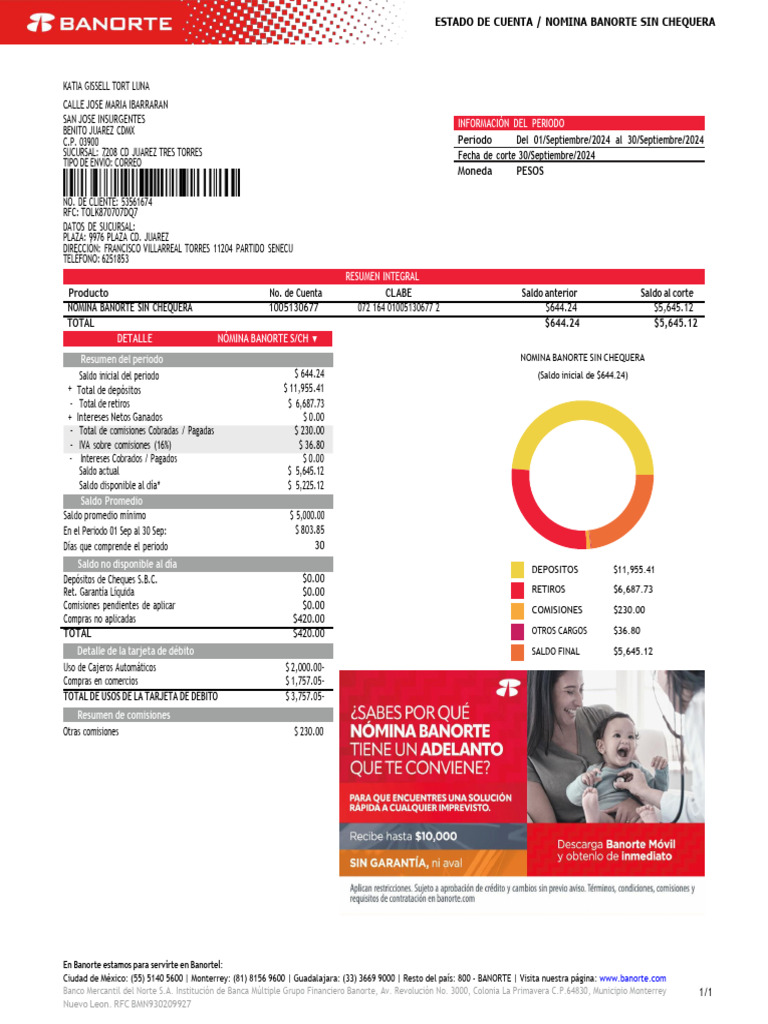 Estado de Cuenta Nómina Banorte 09/2024 | PDF | Tarjeta de débito | Dinero