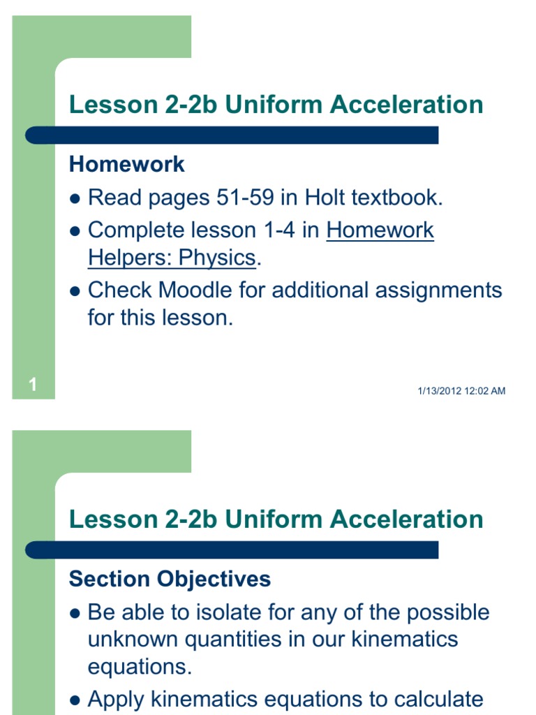 Lesson 2-2b Uniform Acceleration | PDF | Acceleration | Velocity