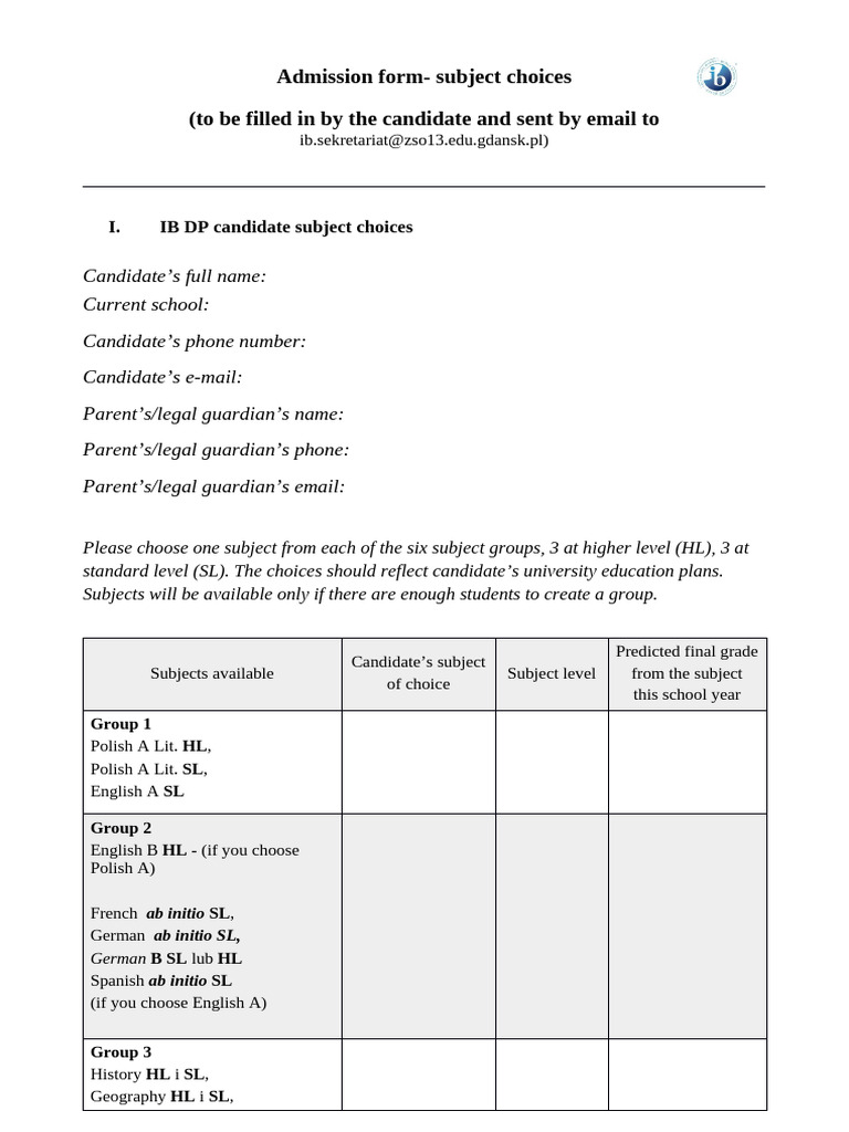 IB DP Subject Choices Admission Form | PDF