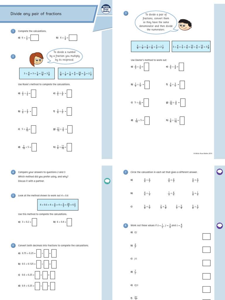 Y8 Autumn Block 3 WO8 Divide Any Pair of Fractions 2019 | PDF ...