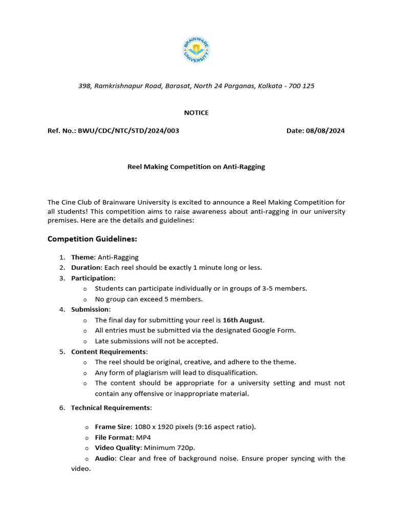 Notice - Reel Making Competition On AntiRagging | PDF | Film And Video ...