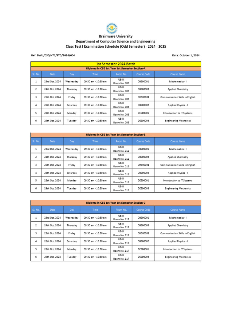 ct1 Exam Schedule Odd 2024-25 | PDF | Academic Term | Engineering