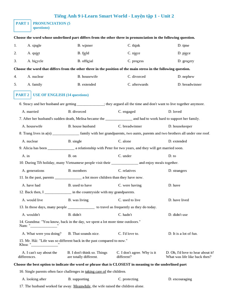 Tiếng Anh 9 i-Learn Smart World - Luyện tập 1 - Unit 2: Part 1 Pronunciation (5 questions) | PDF ...