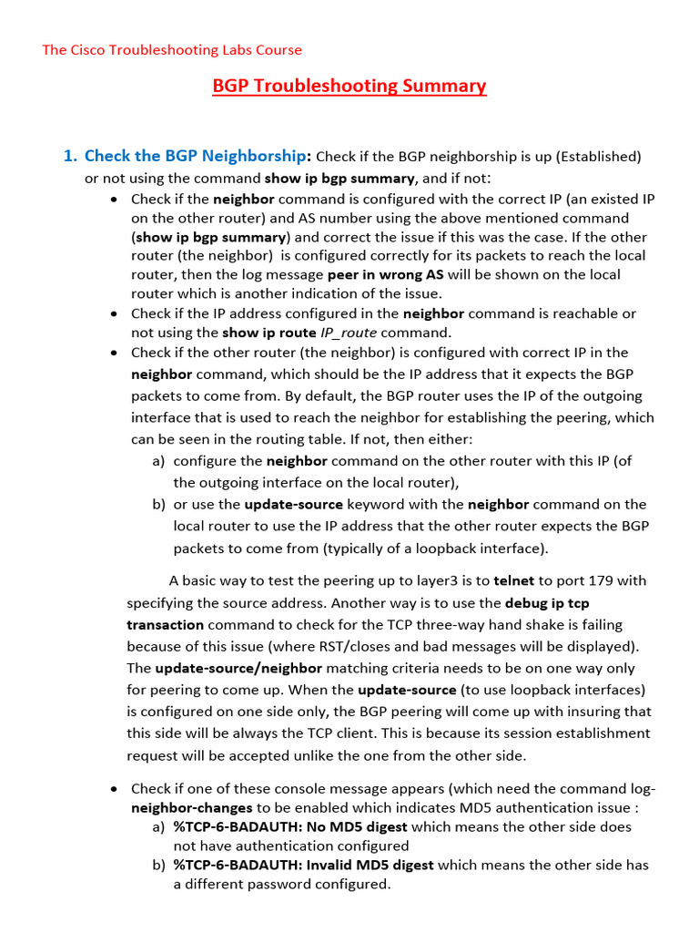 BGP Troubleshooting Summary | PDF | Router (Computing) | Computer ... BGP Troubleshooting Summary | PDF | Router (Computing) | Computer ...