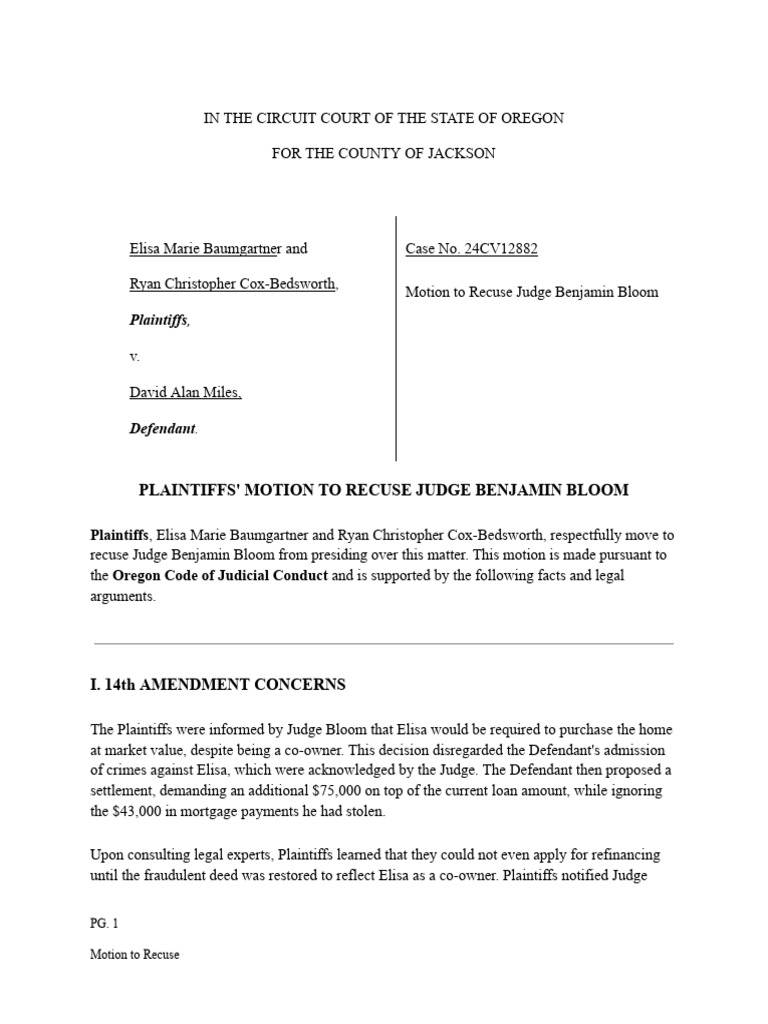 Motion To Recuse Judge Benjamin Bloom | PDF | Judicial Disqualification ... Motion To Recuse Judge Benjamin Bloom | PDF | Judicial Disqualification ...
