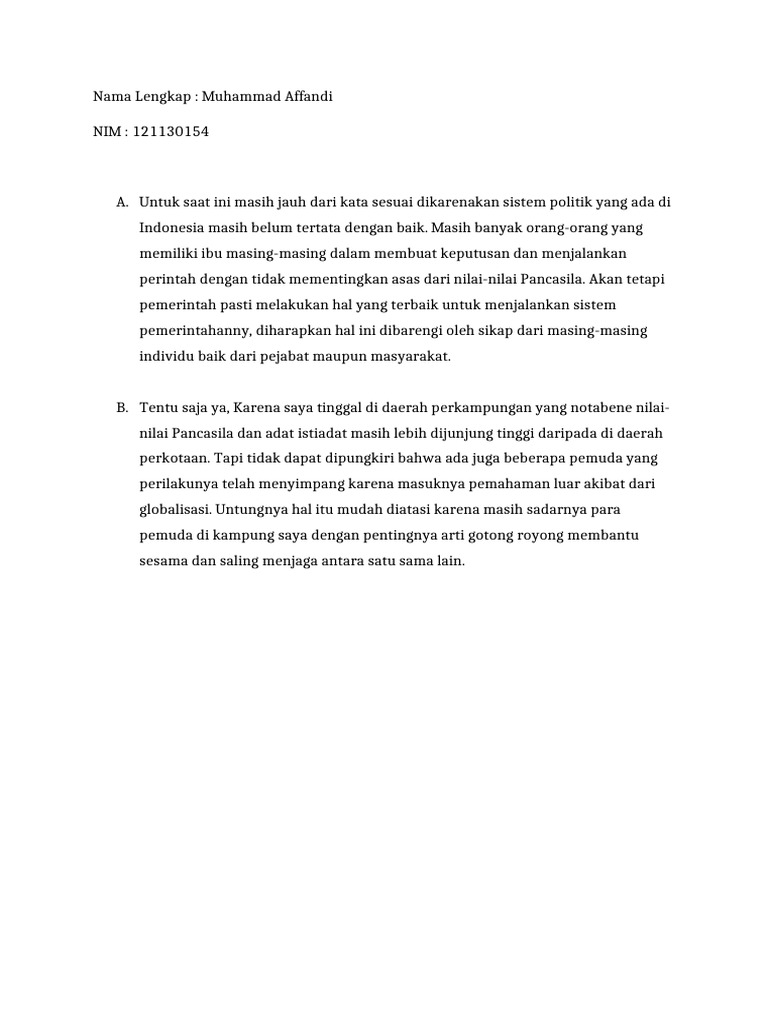 Muhammad Affandi 121130154 Pancasila2 | PDF | Karier & Perkembangan ...