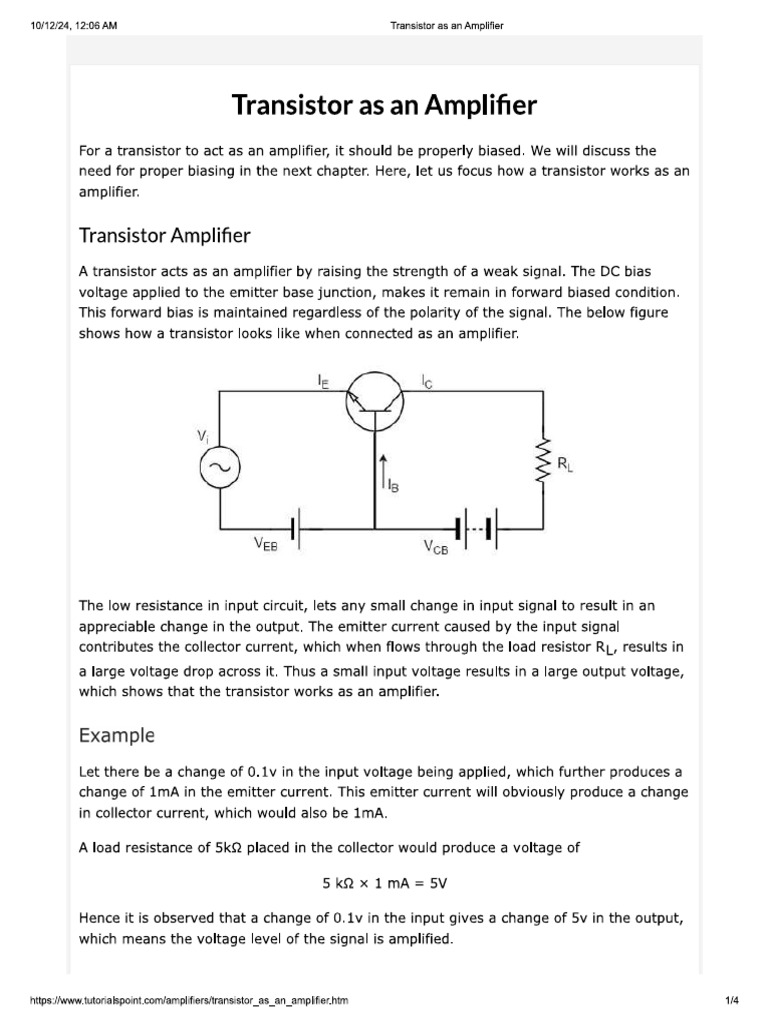 Transistor As An Amplifier (Tuitorials Point) | PDF