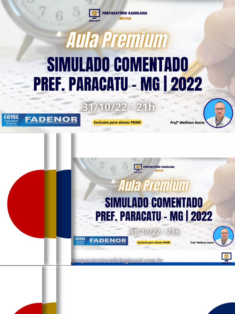 Slide Aula - Simulado Comentado Pref. Paracatu - MG 2022 - Arquivo | PDF | Raio X | Voltagem