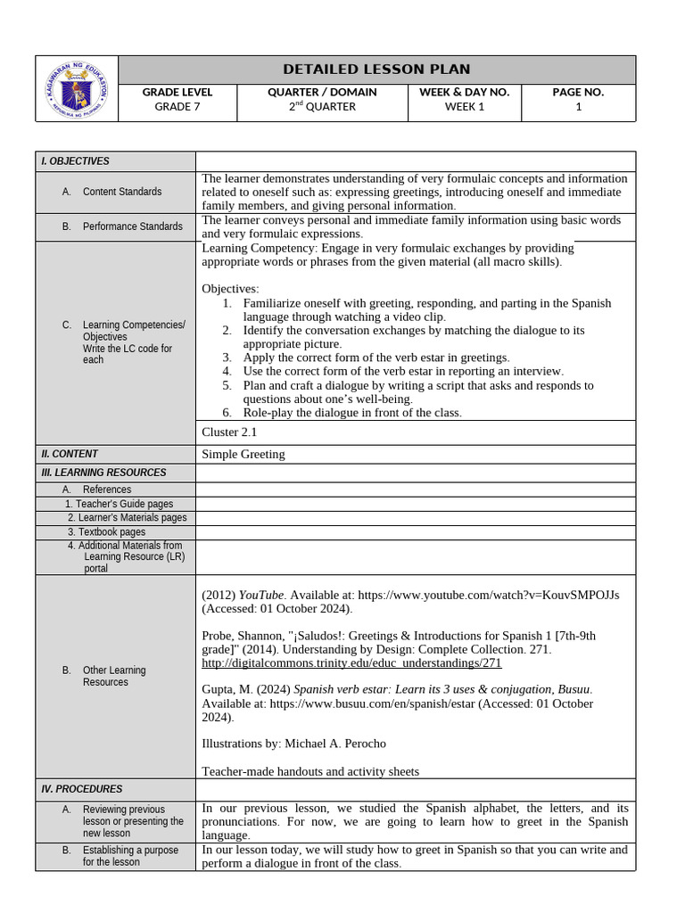 Lesson Exemplar SPFL Spanish Grade 7 Quarter 2 MariaSophiaB - See | PDF ...