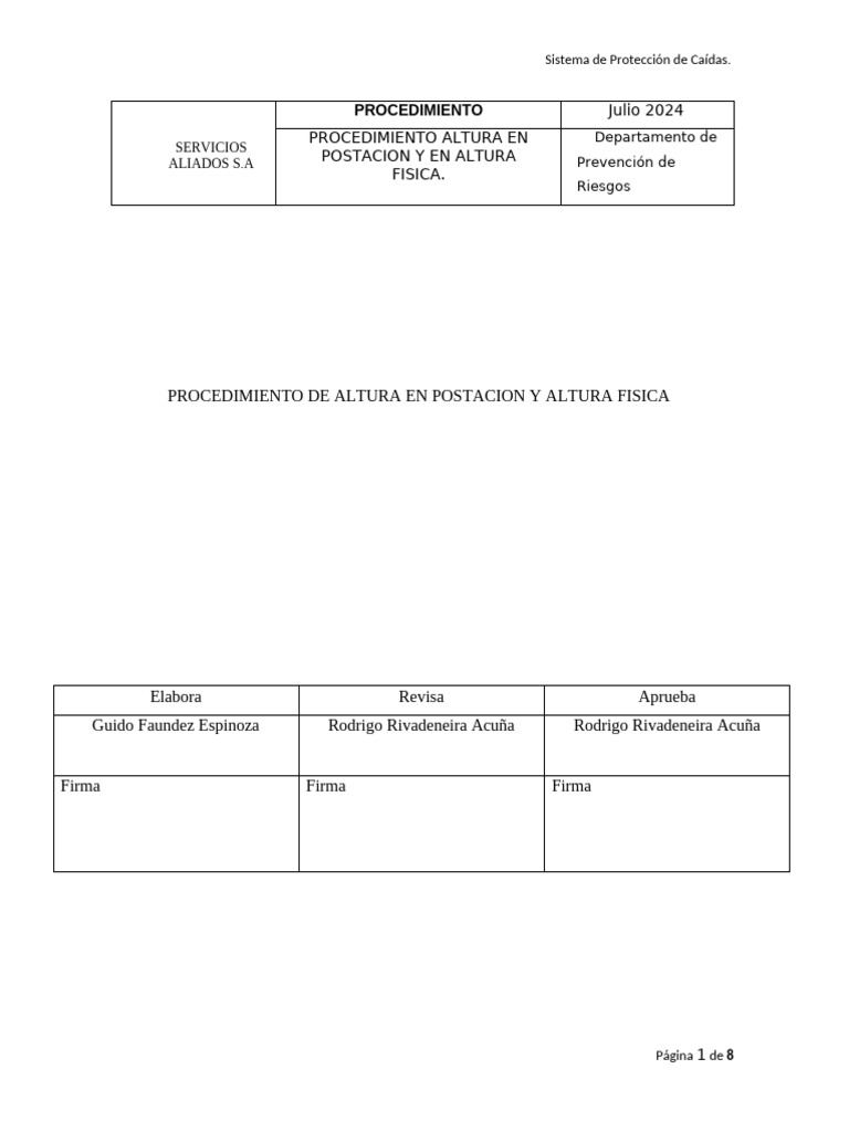 Procedimiento en Postacion y en Altura Fisica. | PDF