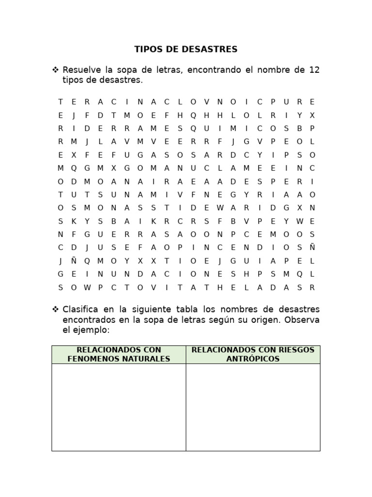 Sopa de Letras: Tipos de Desastres | PDF