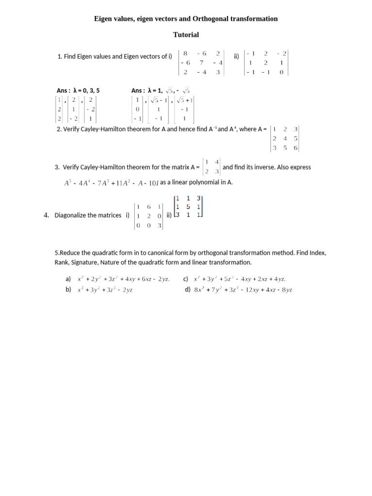 Eigen Values, Eigen Vectors and Orthogonal Transformations Tutorial | PDF