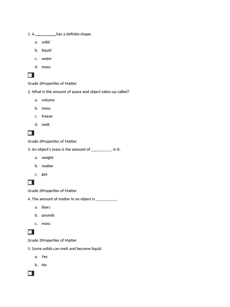 Grade 2 Properties of Matter Worksheet | PDF | Matter | Liquids