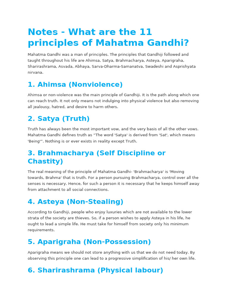 Notes - Mahatma Gandhi 11 Principles | PDF | Mahatma Gandhi | Ahimsa