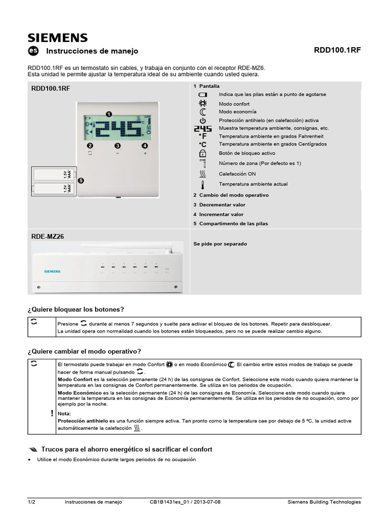 Guía de Uso Termostato RDD100.1RF | PDF | Termostato