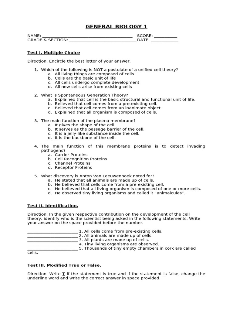 General Biology 1 First Monthly Exam | PDF | Cell (Biology) | Cell Membrane