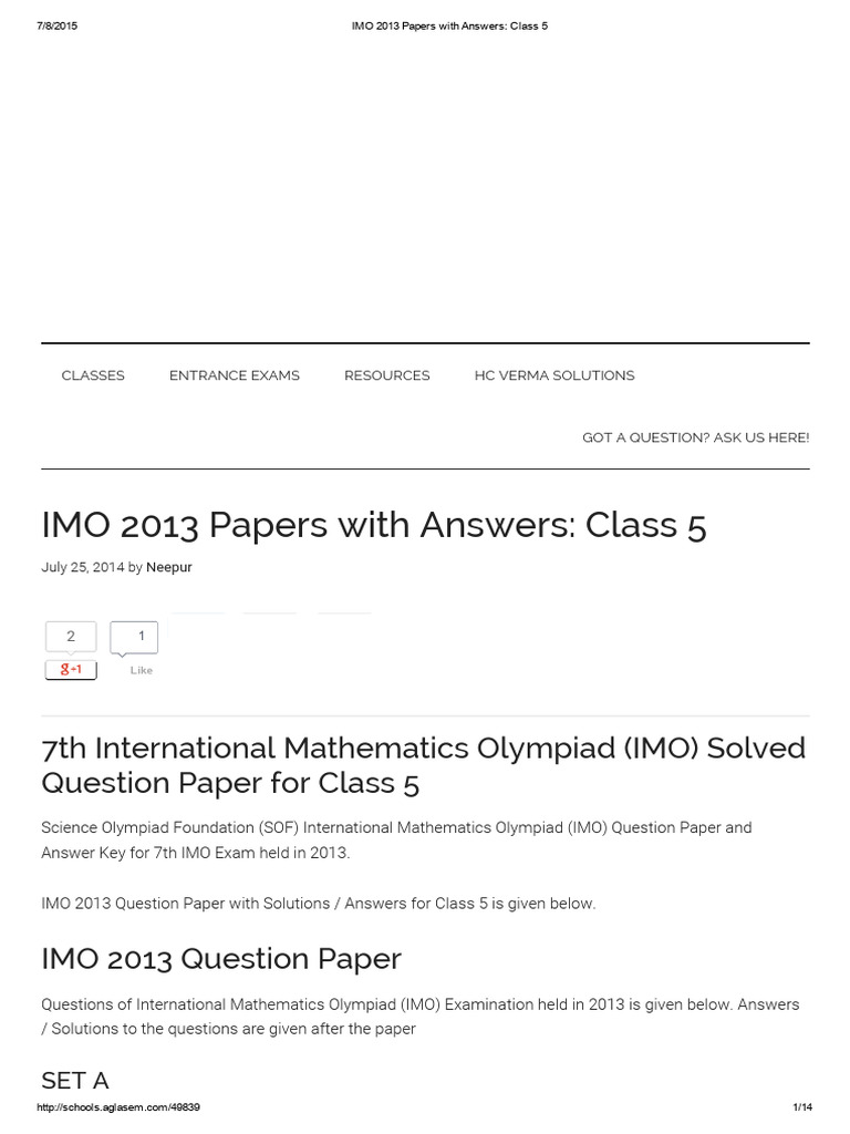 Class 5 - IMO 2013 Papers With Answers - Class 5 | PDF | Vocational Education | Schools