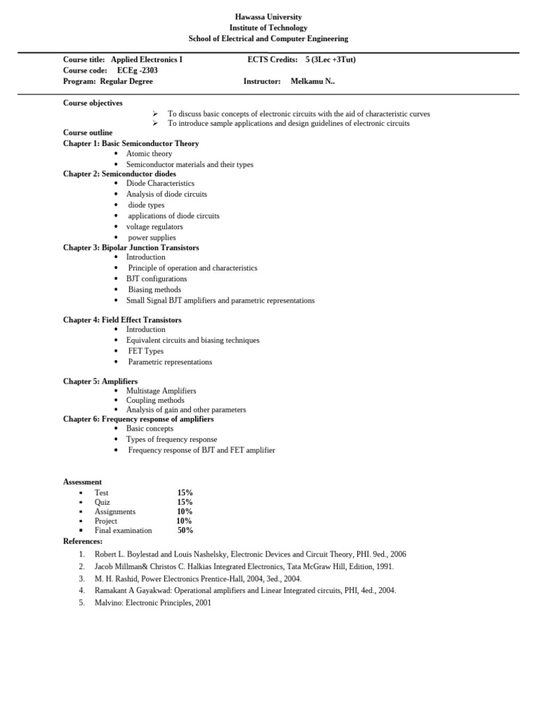 Course Outline Applied Electronics I | PDF | Amplifier | Bipolar Junction Transistor