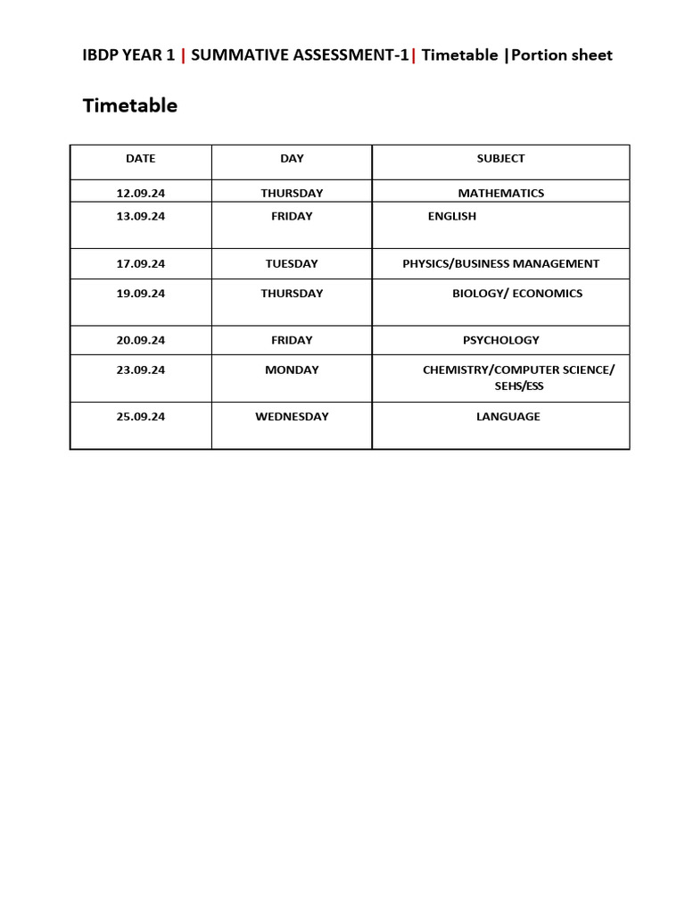 SA1 Time Table and Portions | PDF | Mathematics | Science