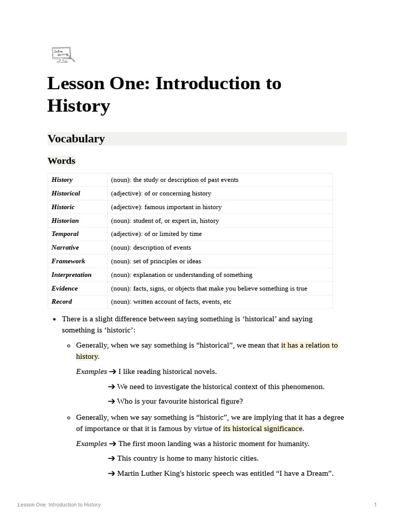 Lesson One - Introduction To History | PDF | Noun | Adjective