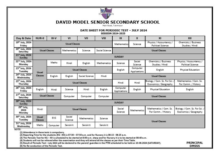 Datesheet 2024 PT-1 NURSERY-XII DMSSS | PDF | Science