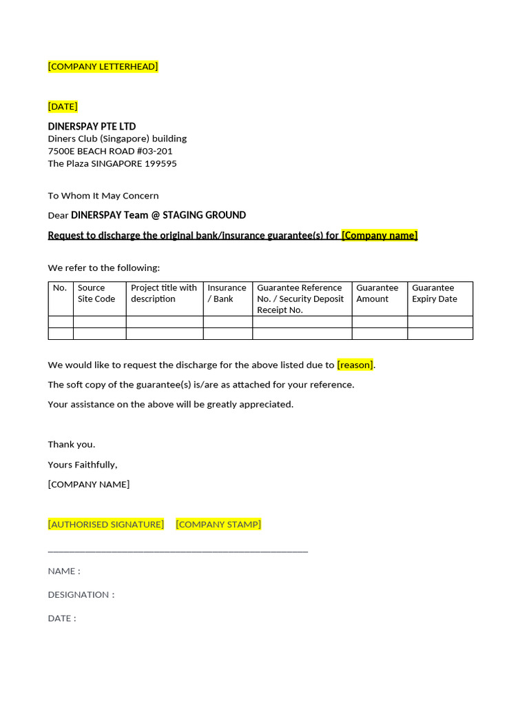 Request to Discharge Bank Guarantee | PDF | Business | Finance & Money ...
