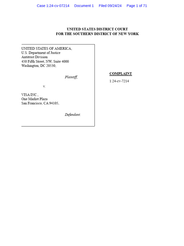 File-Stamped Visa Complaint 9.24.24 | PDF | Debit Card | Visa Inc.