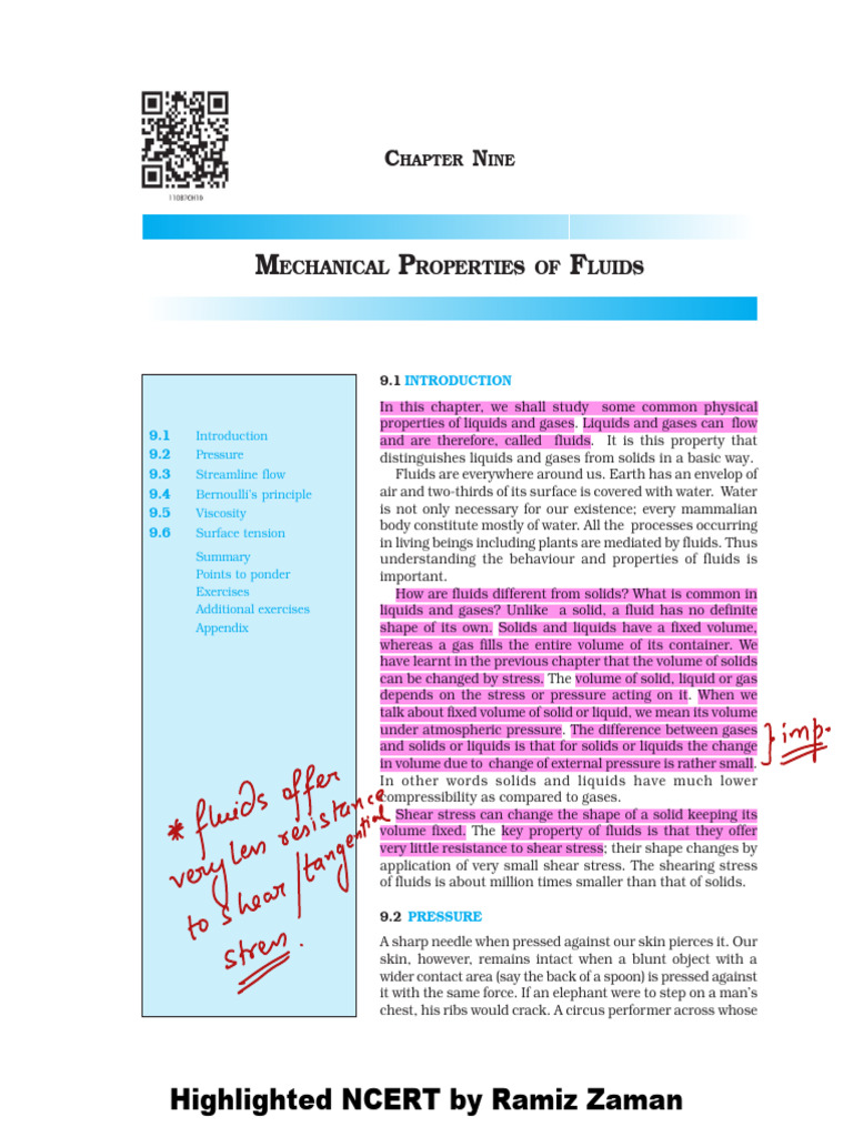 NCERT-Zaman Academy Mechanical Properties of Fluids | PDF | Pressure ...