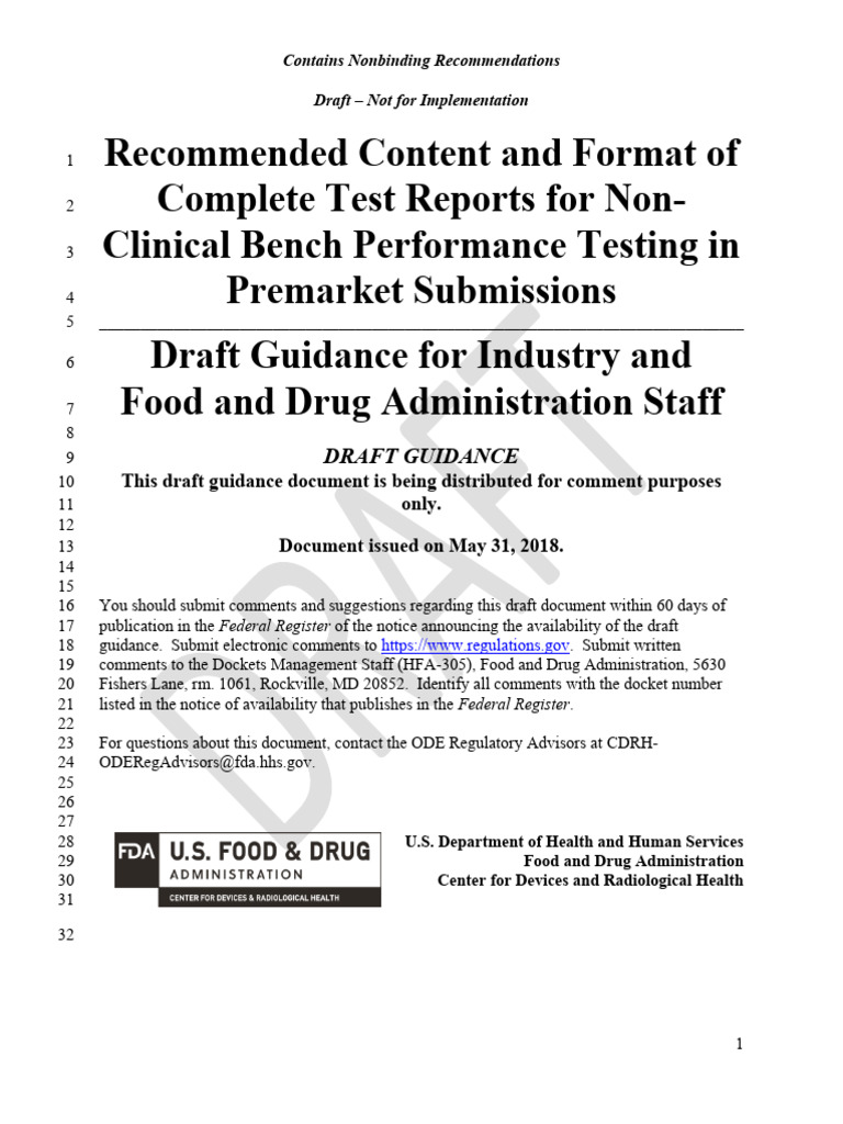 FDA Draft Guidance: Non-Clinical Bench Test Reports | PDF | Federal ...