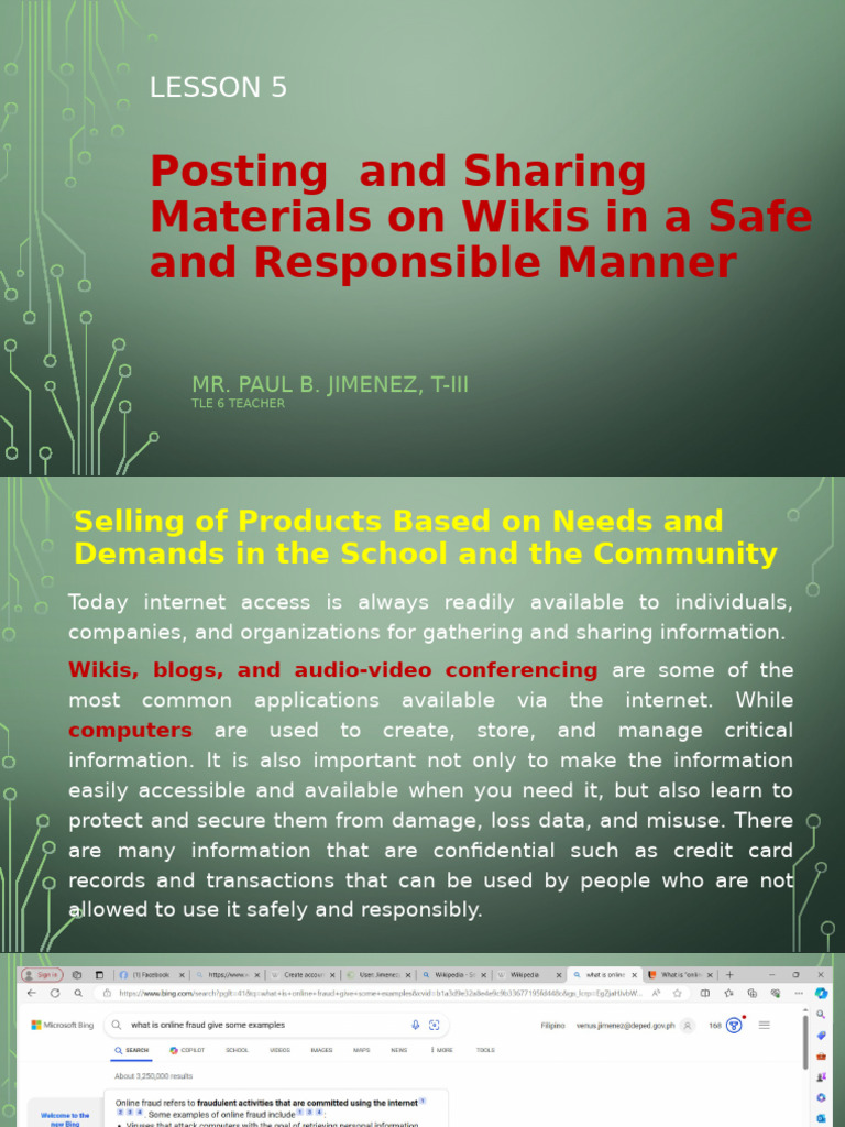 ICT&ENTREP LESSON 5 Posting and Sharing Materials On Wikis in A Safe and Responsible Manner ...