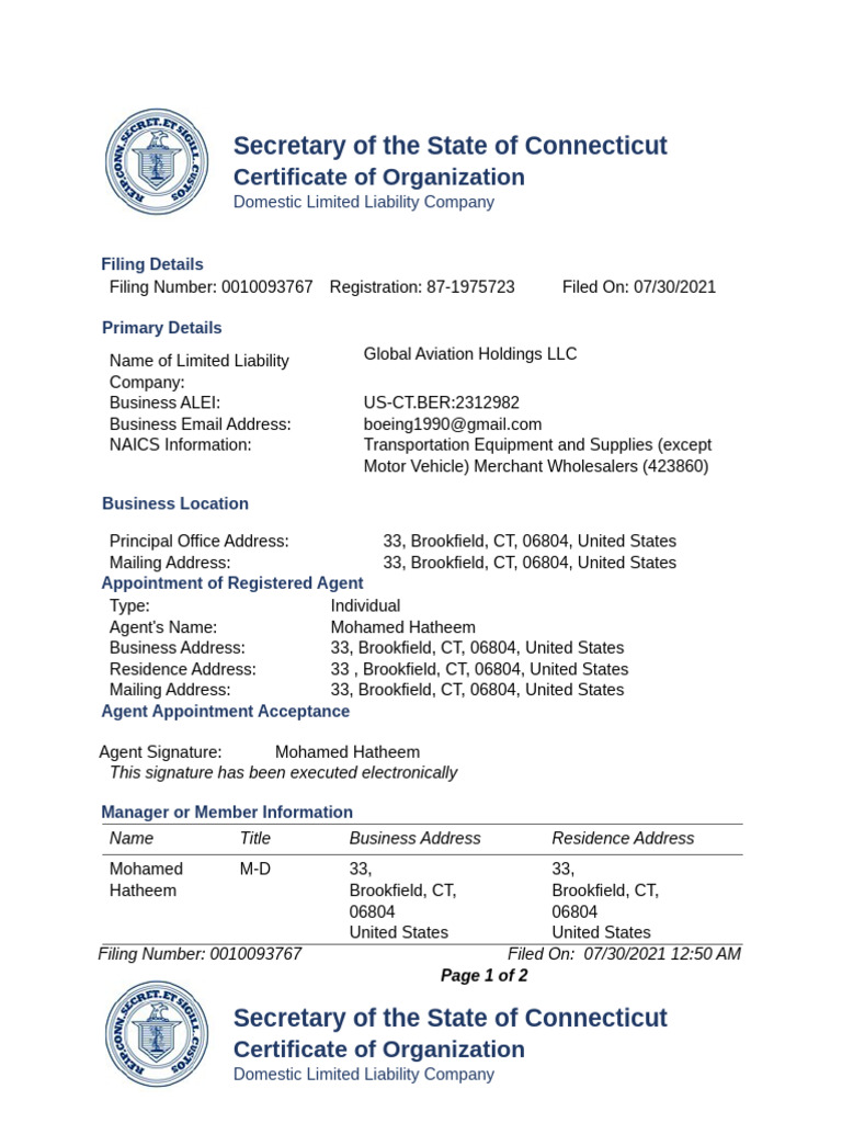 GAH - Certificate of Organization | PDF