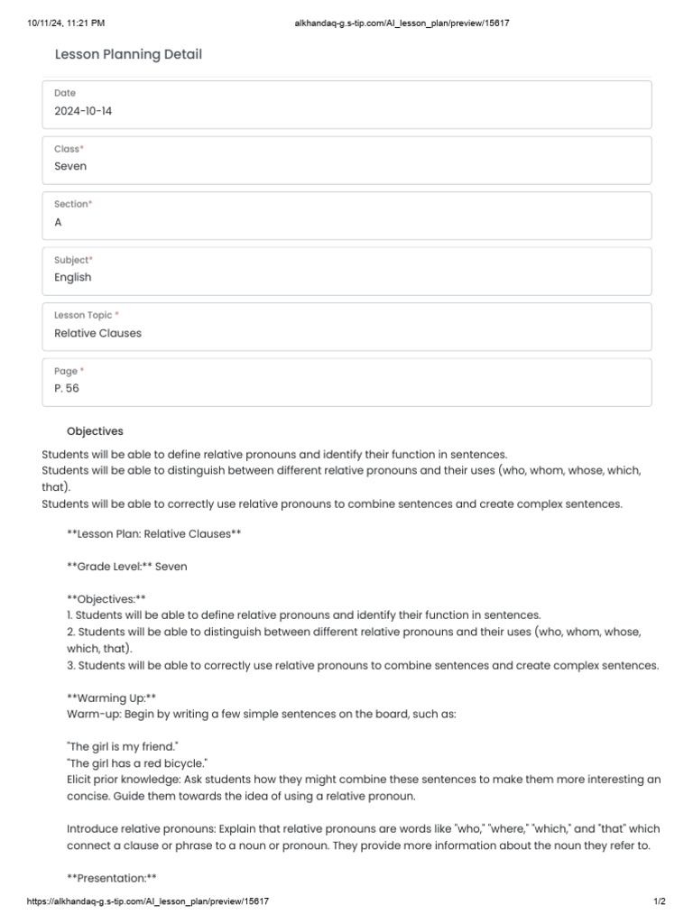 Y7 - Relative Clauses Lesson Plan | PDF | Pronoun | Sentence (Linguistics)