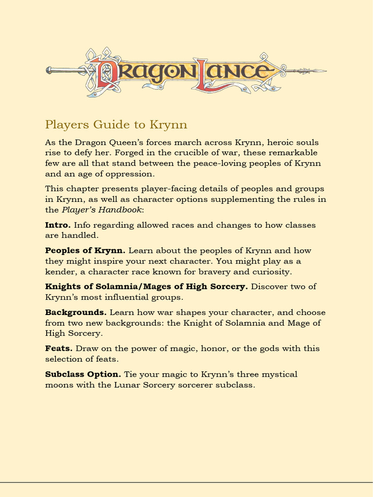 Krynn: A Player's Guide | PDF | Elf (Dungeons & Dragons) | Dwarf (Dungeons & Dragons)