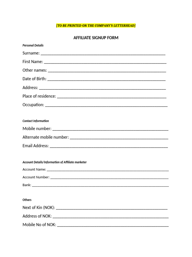 Affiliate Form Sample | PDF