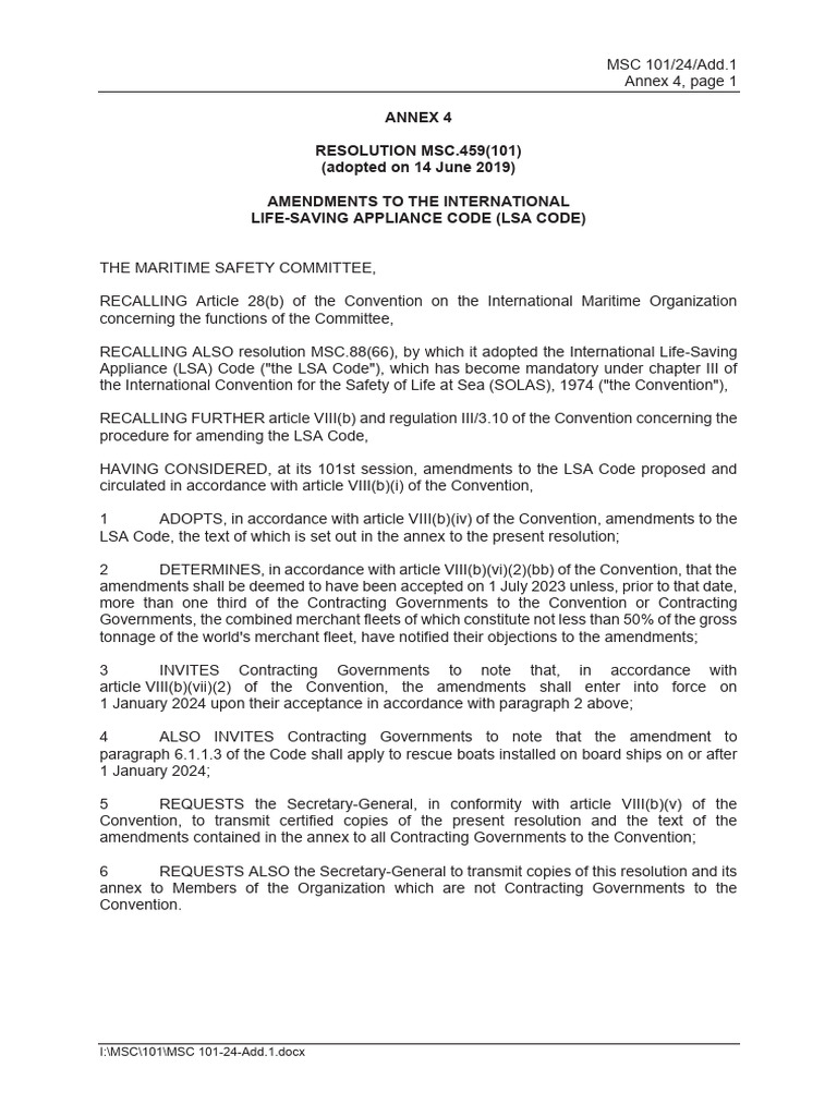 Msc.459 (101) - Amendments To The Lsa Code | PDF | Watercraft | Ships