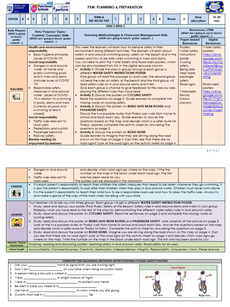 Lesson Plan Gr. 4 Life Skills PSW Term 4 Week 2 | PDF | Traffic Light | Road