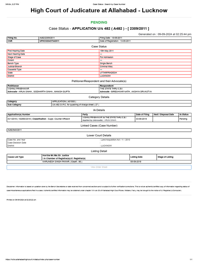 Case No 2309 of 2011 Status Under Sec 482 Against CBI | PDF ...