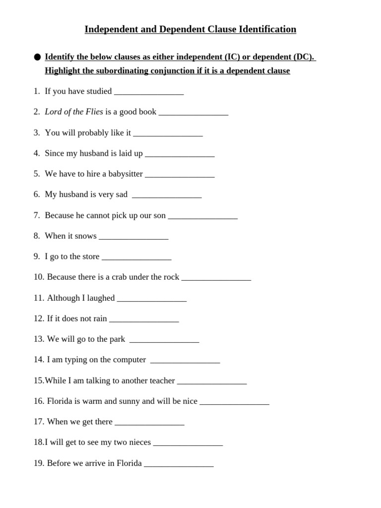 Worksheet 1 Independent and Dependent Clause Identification1 | PDF ...