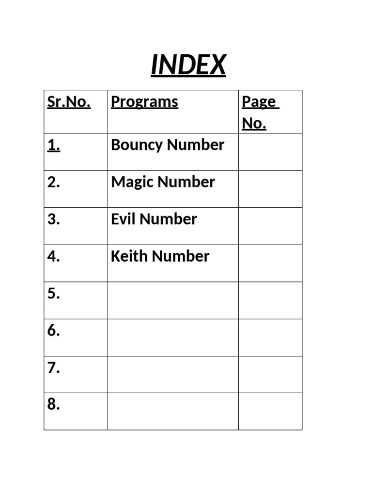 Index: SR - No. Programs No. 1. Bouncy Number 2. Magic Number 3. Evil ...