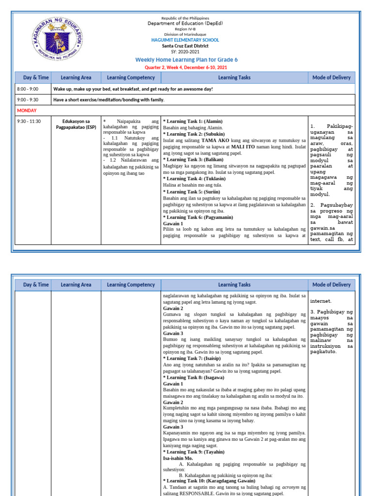 Grade 6 All Subjects WHLP q2 w4 | PDF | Percentage | Cognitive Science