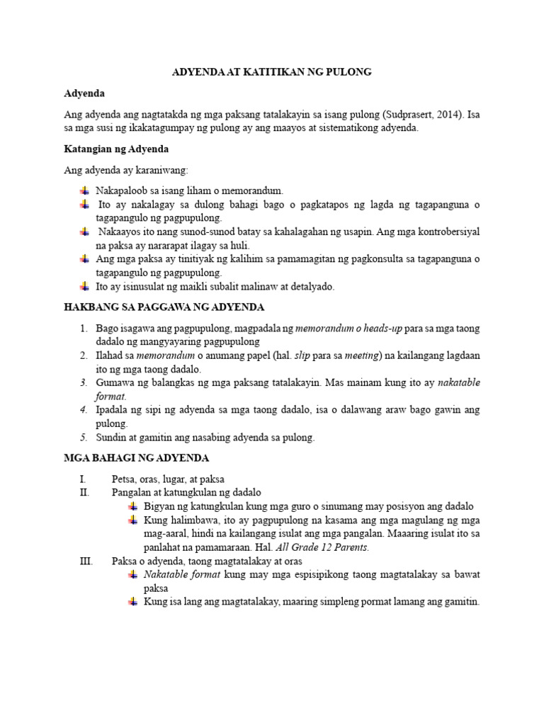 Adyenda at Katitikan NG Pulong | PDF