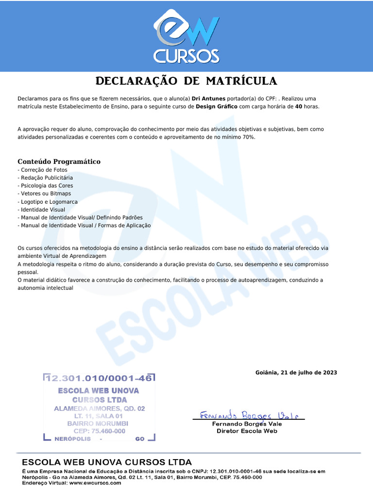 Declaração Matricula - Design Gráfico | PDF