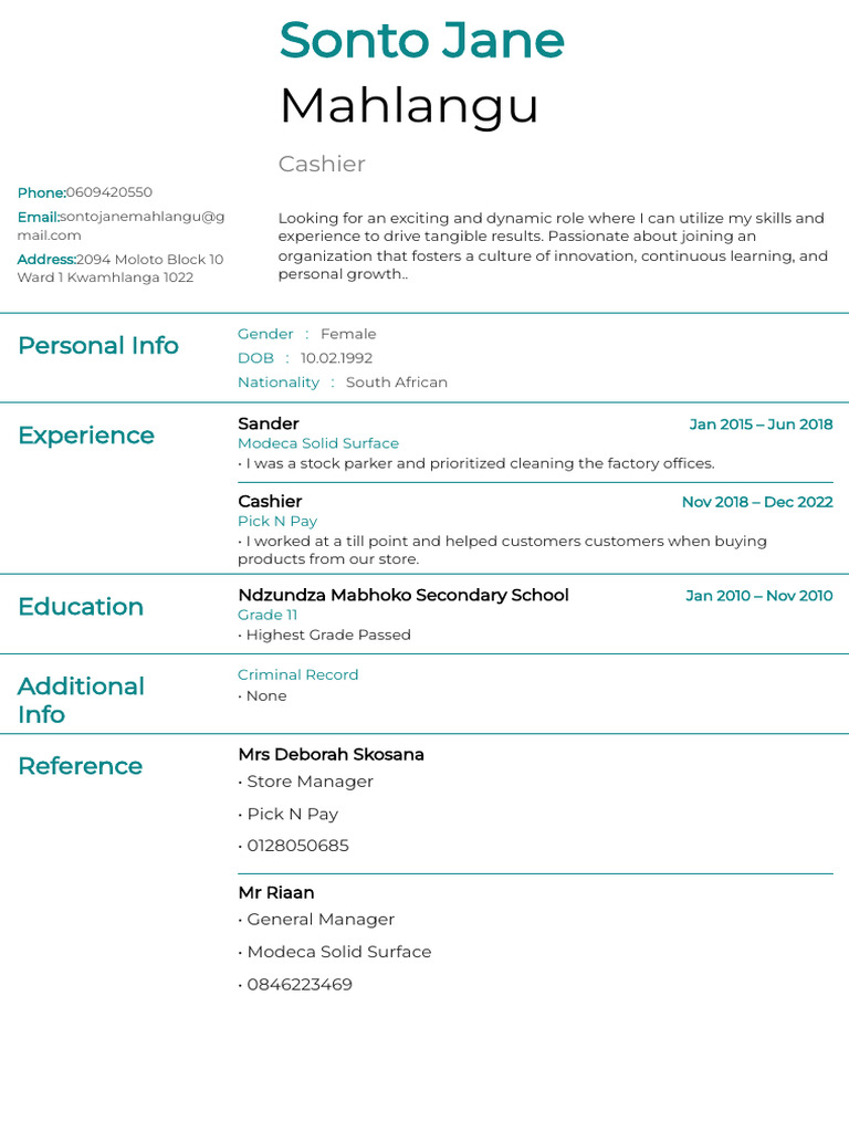 Sonto Jane Mahlangu's Resume | PDF