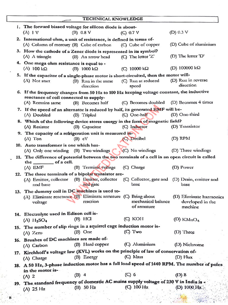SAIL ACTT Electrician Question Paper | PDF | Electric Motor | Transformer